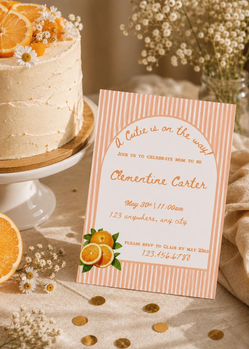 Citrus Baby Shower Invitation Template, Orange Theme, A Little Cutie is ...