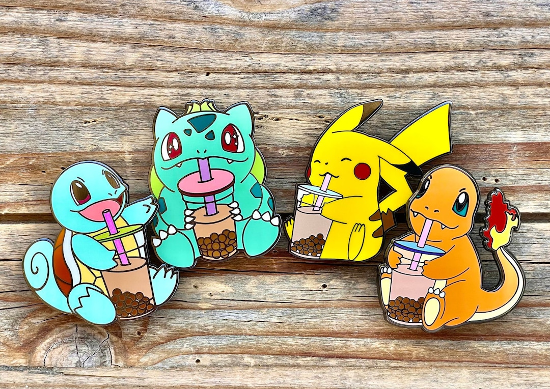 Pokemon Boba Friends Set of 4 - Charmander, Bulbasaur, Squirtle, Pikachu Drinking Boba Milk Tea ...