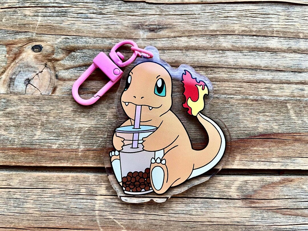 Charmander Drinking Boba Milk Tea 2 Inch Acrylic Keychain Charm - Etsy