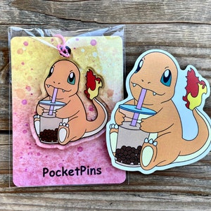 Charmander Drinking Boba Milk Tea 2 Inch Acrylic Keychain Charm - Etsy