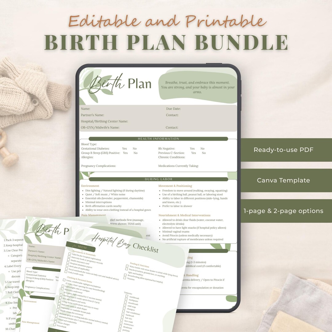 Editable Birth Plan Template, Printable Birthing Plan, Labor and ...