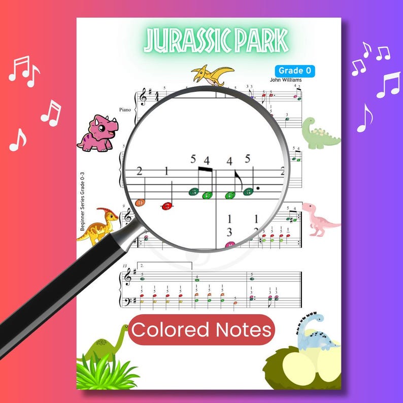 Jurassic Park Theme Sheet Music: Easy Beginner Version (color Coded ...