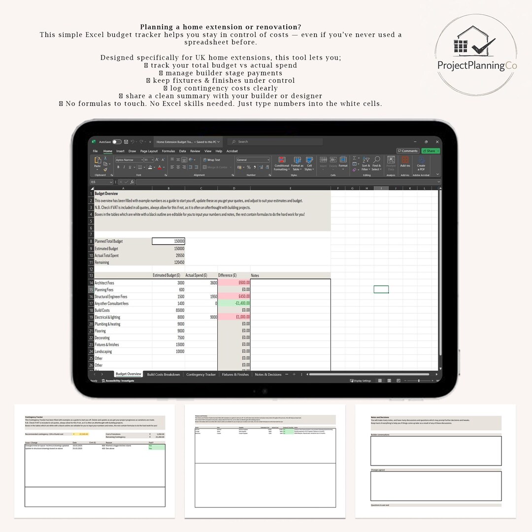 Home Extension Budget Tracker | UK Renovation Excel Planner (instant ...