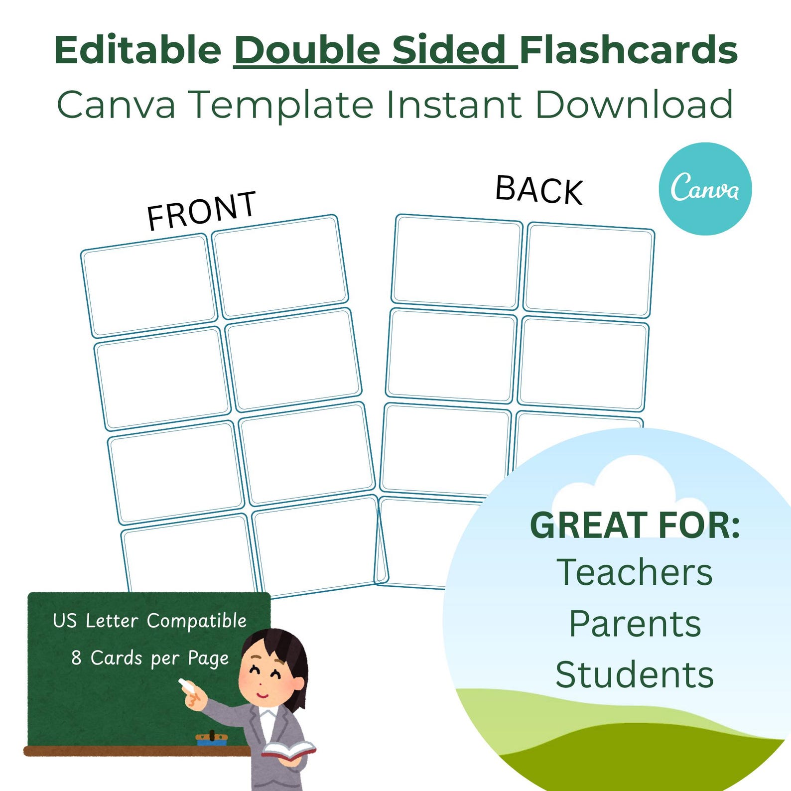 Editable Flashcards Template | Canva Flashcards | Printable Double ...