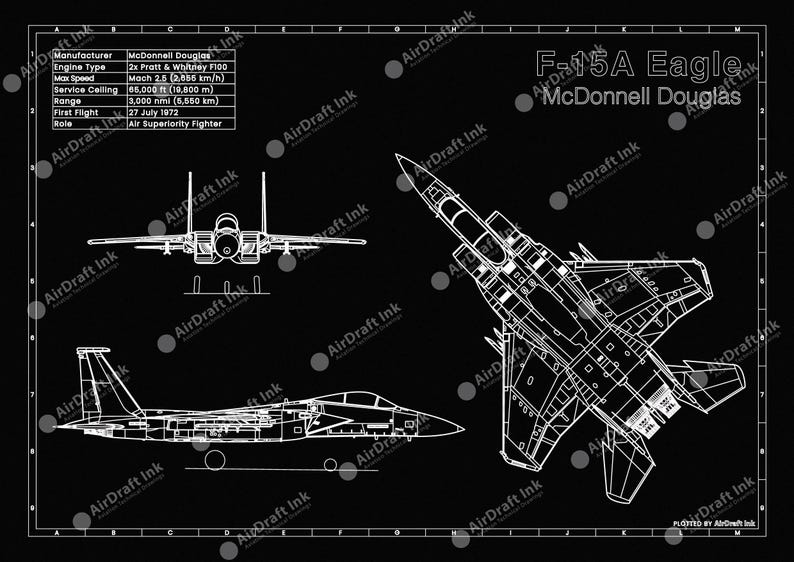 F-15A Eagle Blueprint Art | Aviation Technical Drawing | Format A3 ...