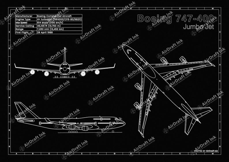 Boeing 747-400 Blueprint Art | Aviation Technical Drawing | Format A3 ...