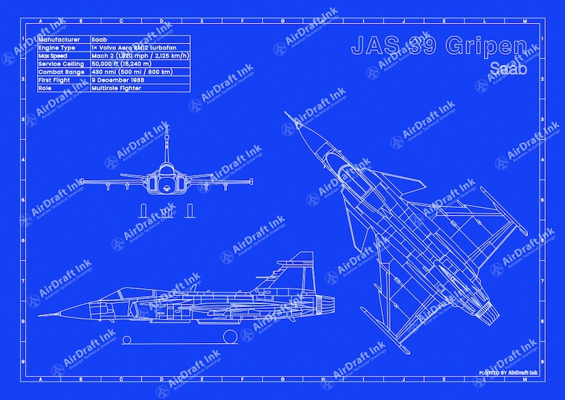 Saab JAS 39 Gripen Blueprint Art | Aviation Technical Drawing (format ...