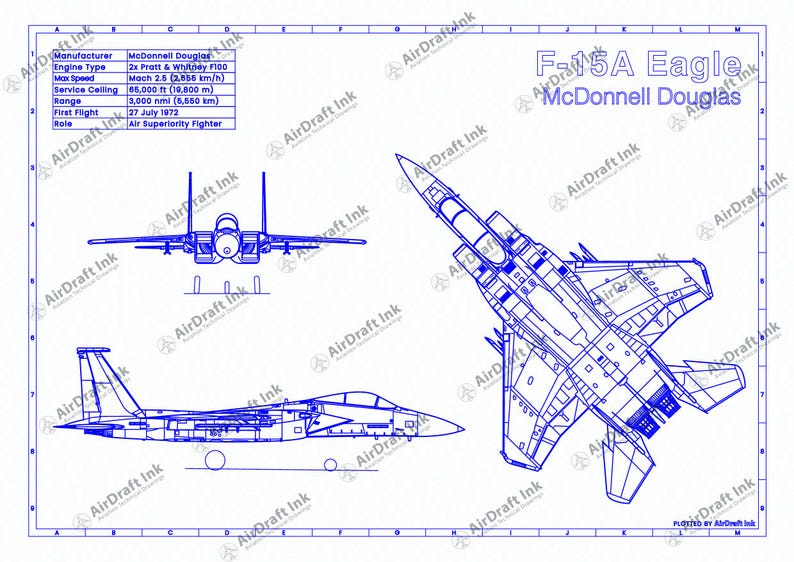 F-15A Eagle Blueprint Art | Aviation Technical Drawing | Format A3 ...