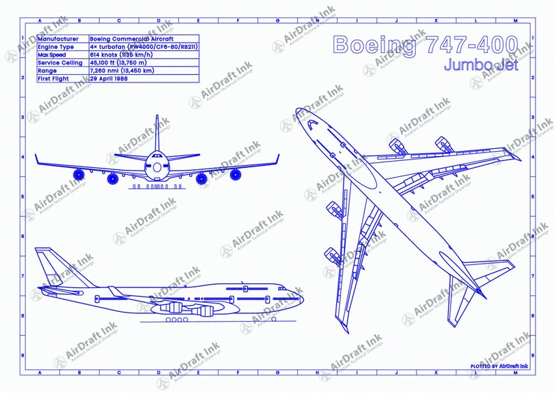 Boeing 747-400 Blueprint Art | Aviation Technical Drawing | Format A3 ...