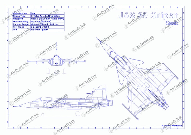 Saab JAS 39 Gripen Blueprint Art | Aviation Technical Drawing (format ...