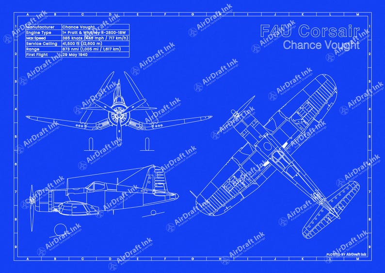Vought F4U Corsair Blueprint Art | Aviation Technical Drawing | Format ...