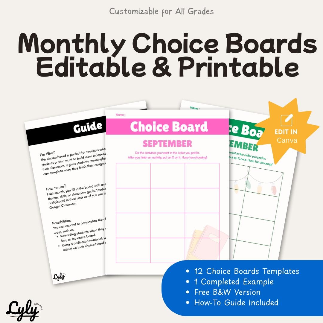 Monthly Choice Board Templates Edible Printable Students With ADHD - Etsy