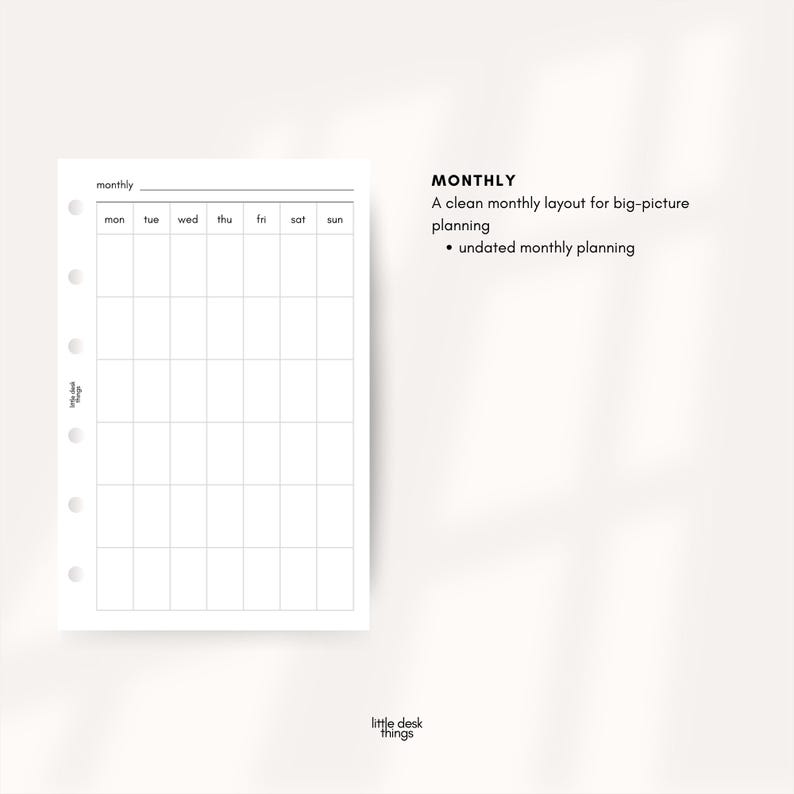 A7 Minimal Planner Inserts, Daily, Weekly, Monthly (printable PDF ...