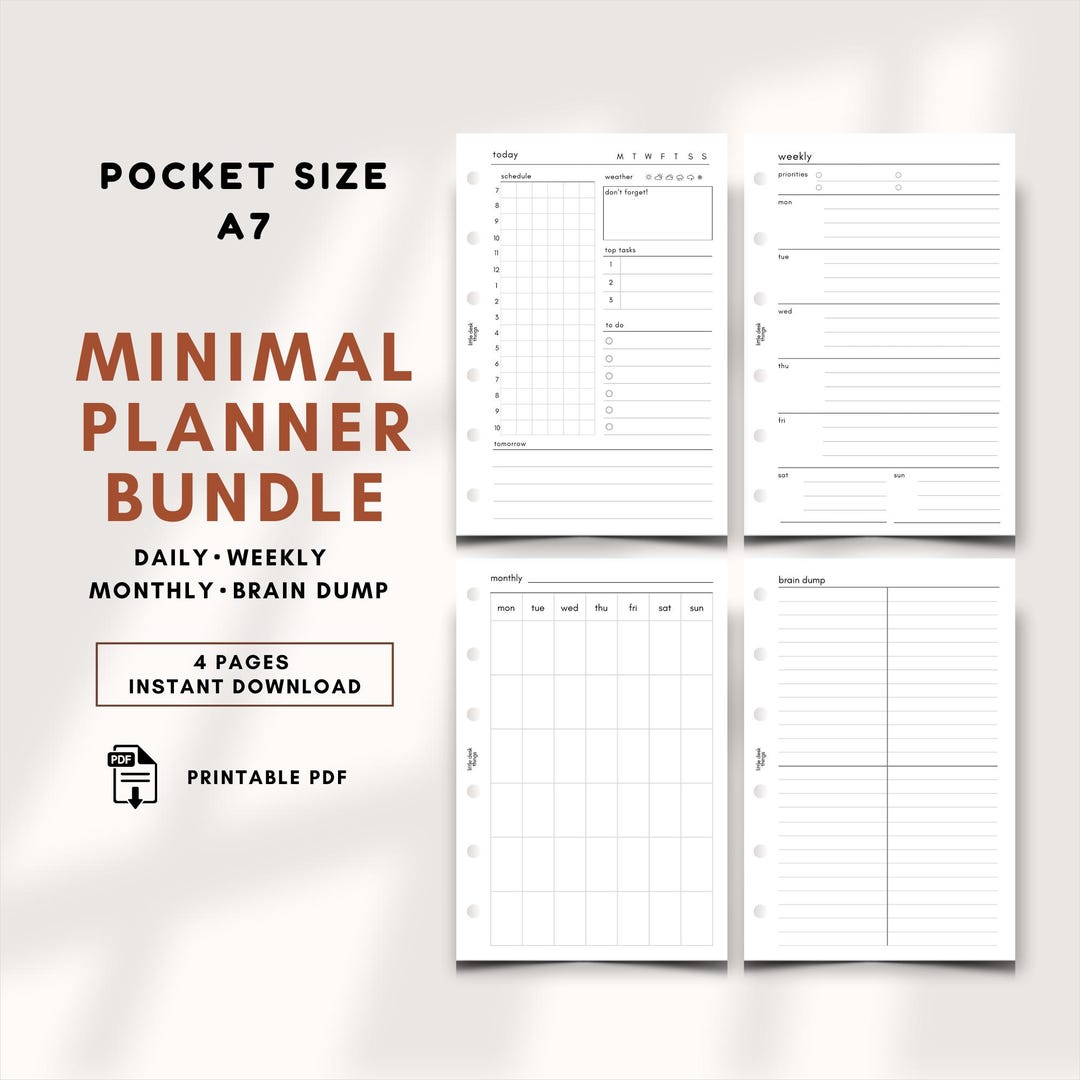 A7 Minimal Planner Inserts, Daily, Weekly, Monthly (printable PDF ...