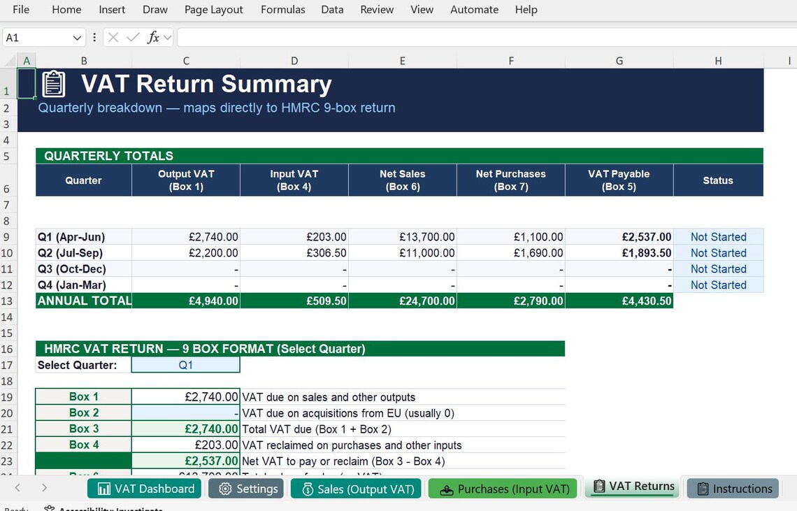 UK Vat Return Tracker Excel Template | HMRC 9 Box Vat | Quarterly Vat ...
