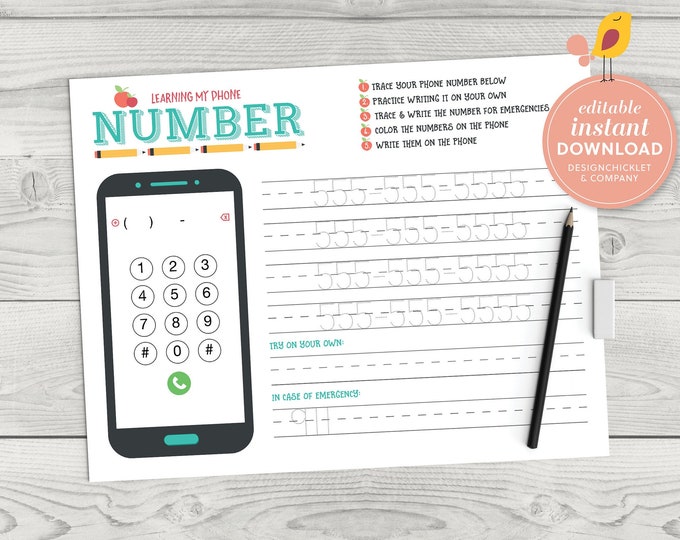 Editable, Instant Download Phone Number Learning Worksheet: Printable ...