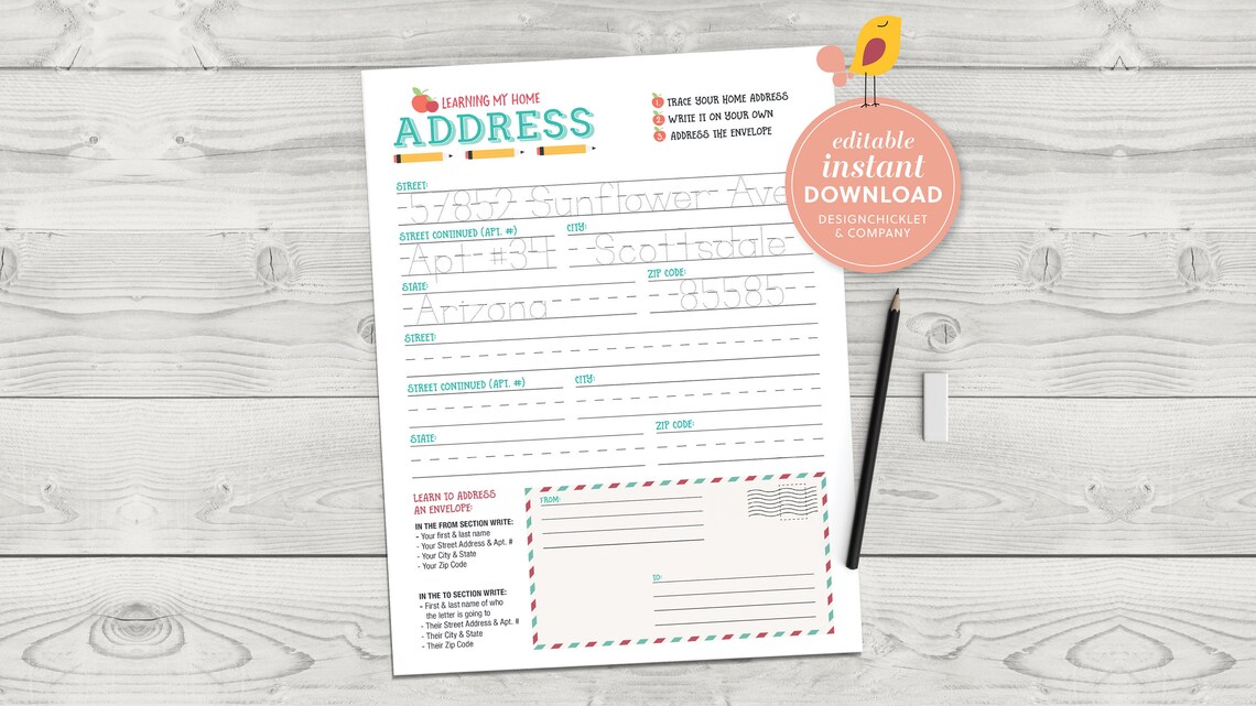 Editable, Instant Download Home Address Learning Worksheet: Printable ...