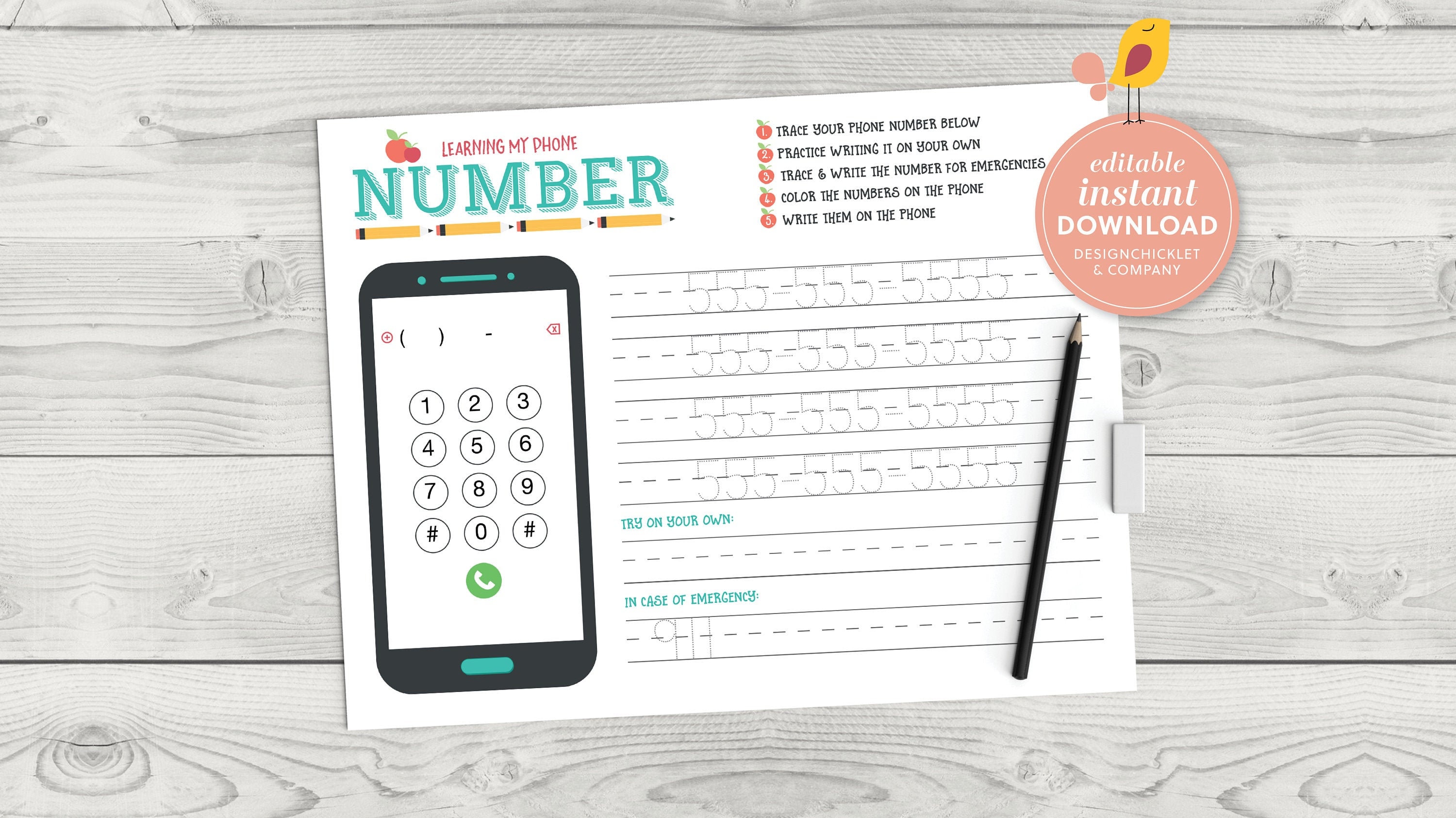 Editable Instant Download Phone Number Learning Worksheet: - Etsy