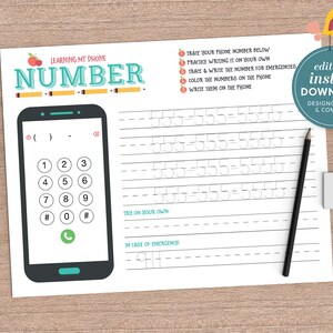 Editable Instant Download Phone Number Learning Worksheet: - Etsy