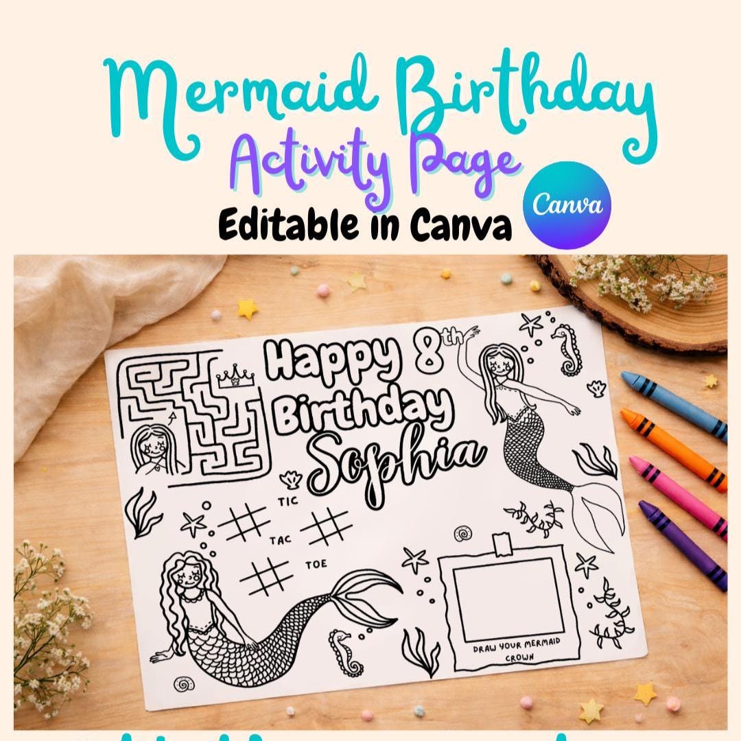 Mermaid Birthday Activity Page | Coloring Page | Editable Canva ...