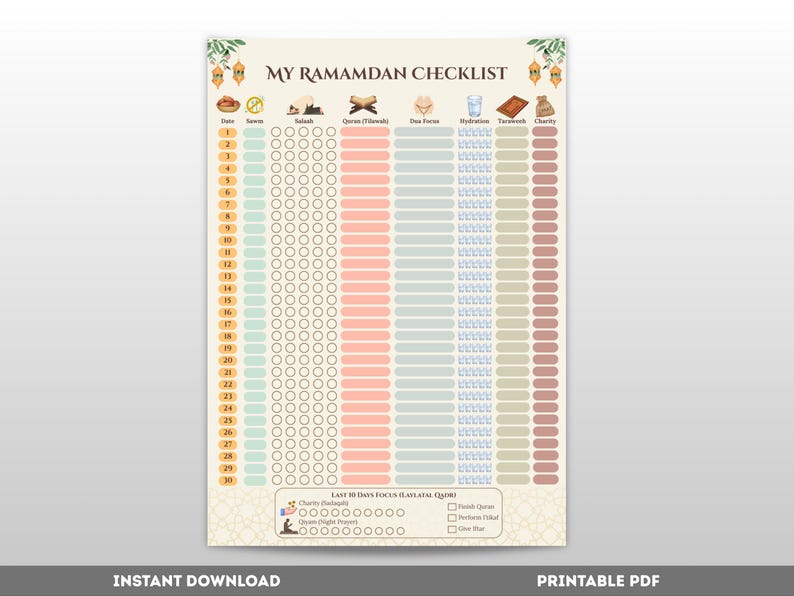 Ramadan Checkliste 2026 Printable | Täglicher Worship Tracker mit ...