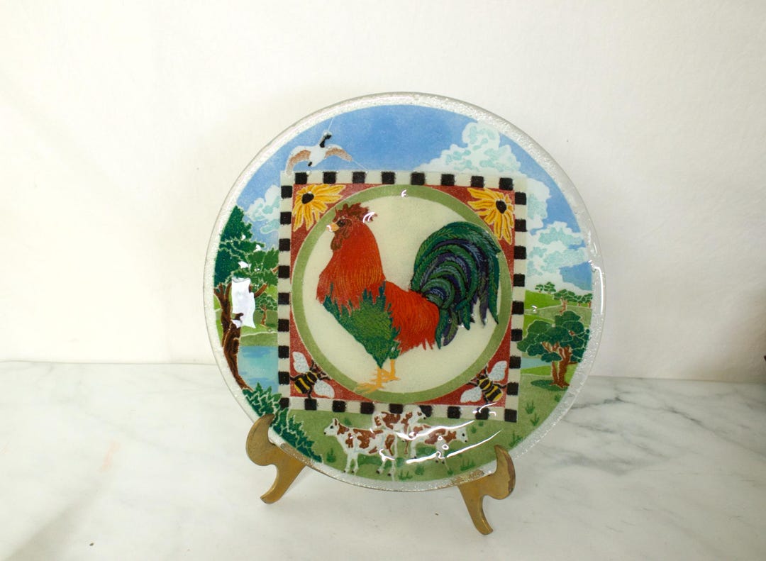 Peggy Karr Glass Round Rooster Plate- Farmhouse Decor - Etsy