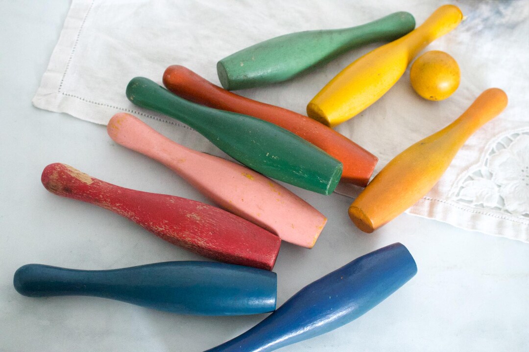 Vintage Ten Pin Colorful Wooden Table Top Bowling Set- - Etsy