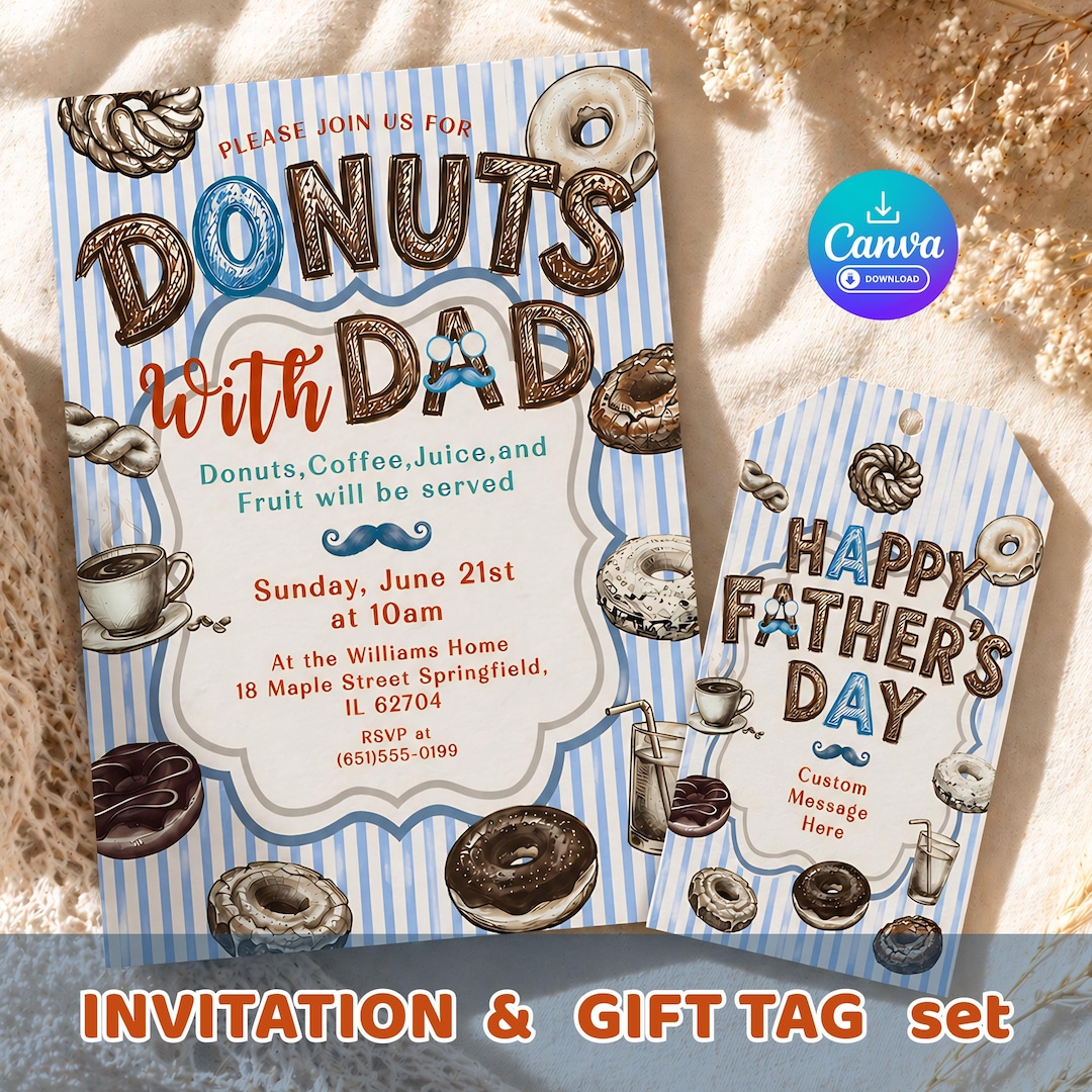 Editable Donuts Father's Day With Donuts Invitation & Gift Tag Bundle ...