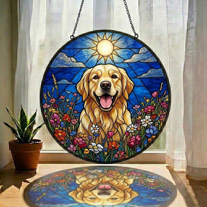 Golden Retriever Stained Glass Suncatcher, Happy Dog Floral Window ...