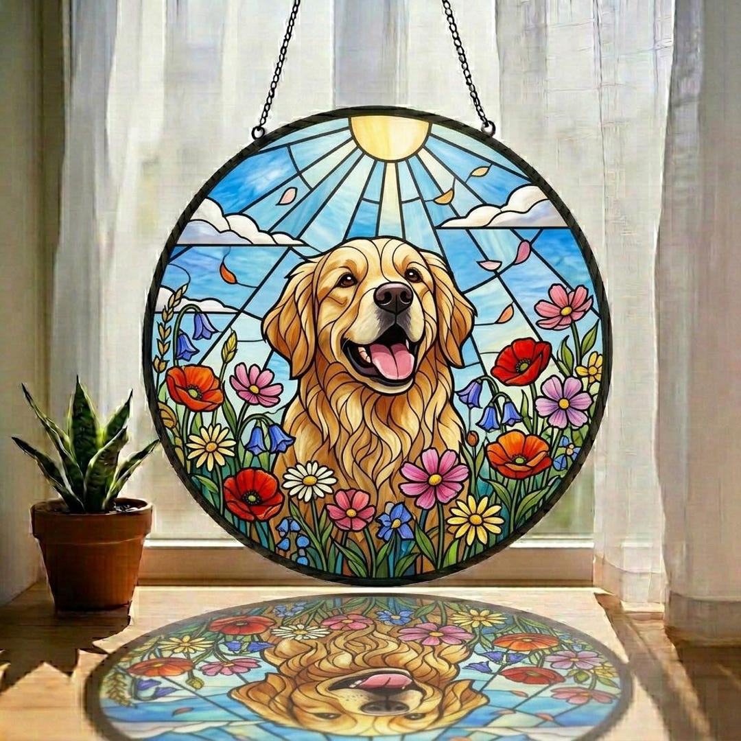 Golden Retriever Stained Glass Suncatcher, Happy Dog Floral Window ...