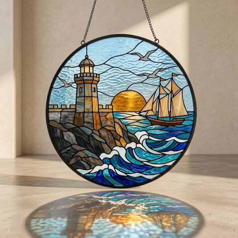 Lighthouse Ocean Stained Glass V2 Suncatcher, Red White Beacon Window ...