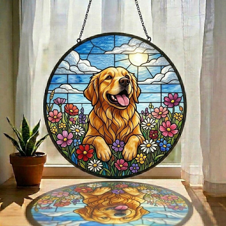 Golden Retriever Stained Glass Suncatcher, Happy Dog Floral Window ...