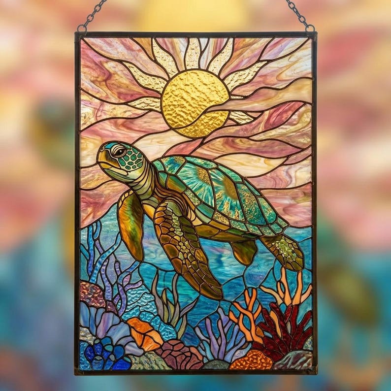 Sea Turtle Stained Glass Suncatcher, Tropical Ocean Coral Reef Window ...