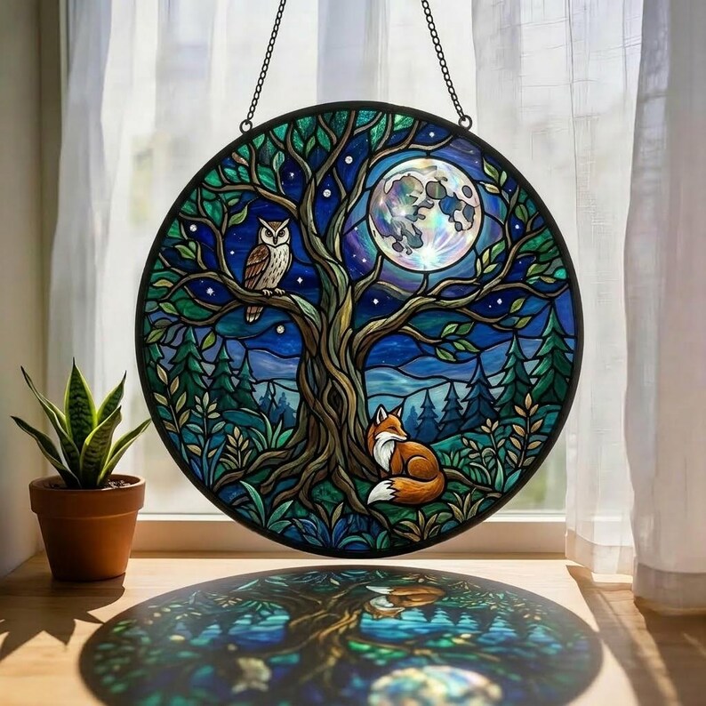 Owl Fox Moon Stained Glass Suncatcher, Mystical Night Forest Window ...