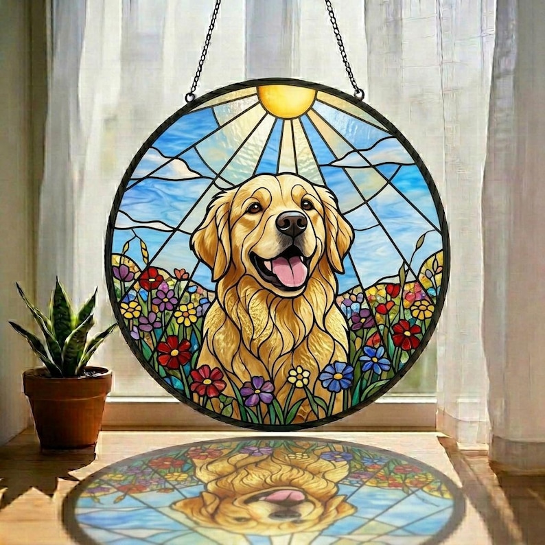 Golden Retriever Stained Glass Suncatcher, Happy Dog Floral Window ...