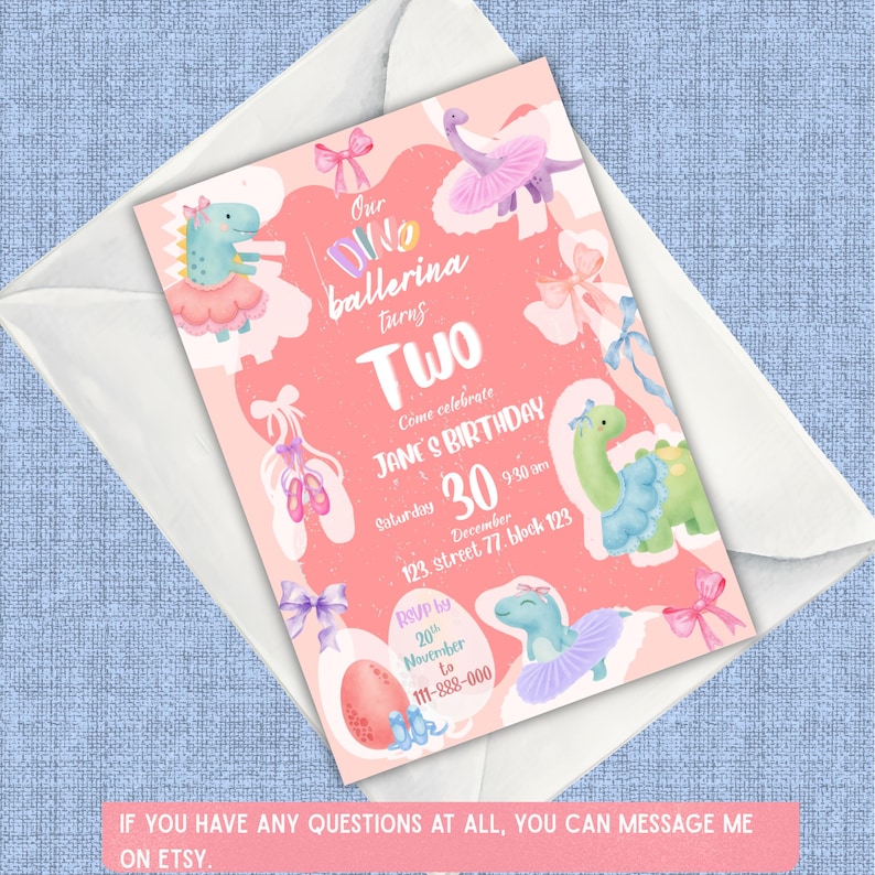 Dino Ballerina Birthday Invitation, Whimsical Party Invitation Template ...