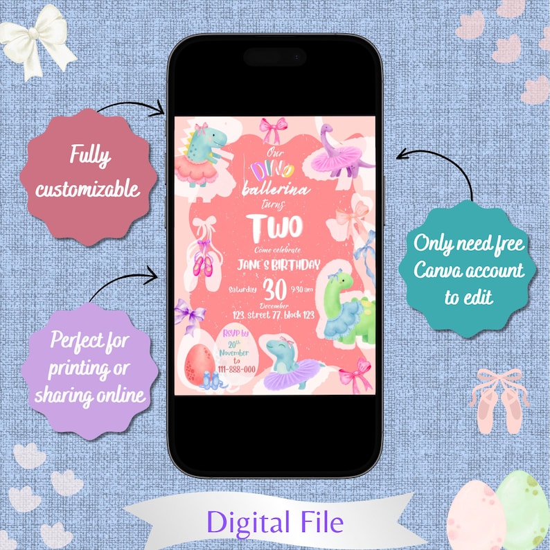 Dino Ballerina Birthday Invitation, Whimsical Party Invitation Template ...