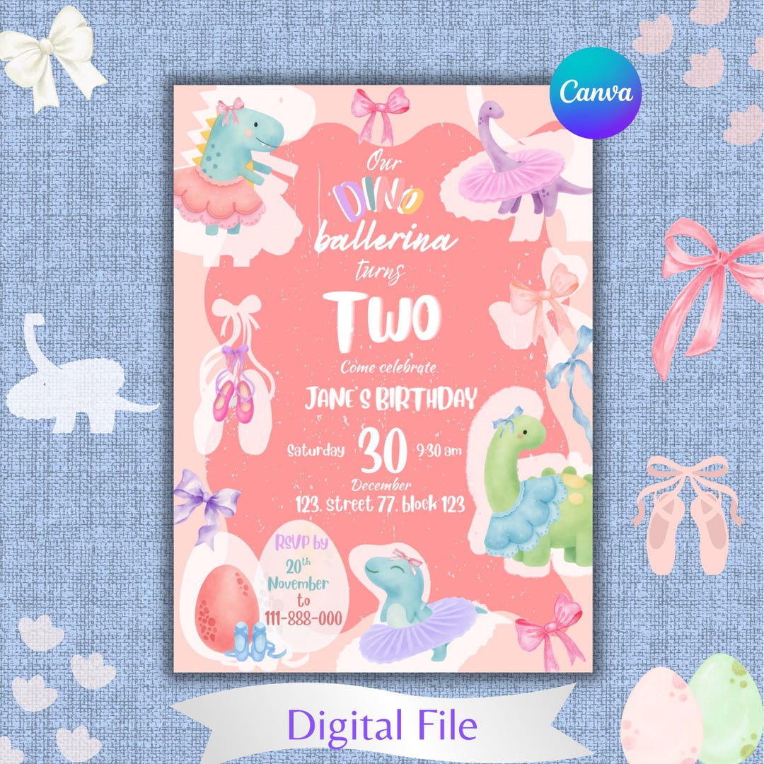Dino Ballerina Birthday Invitation, Whimsical Party Invitation Template ...