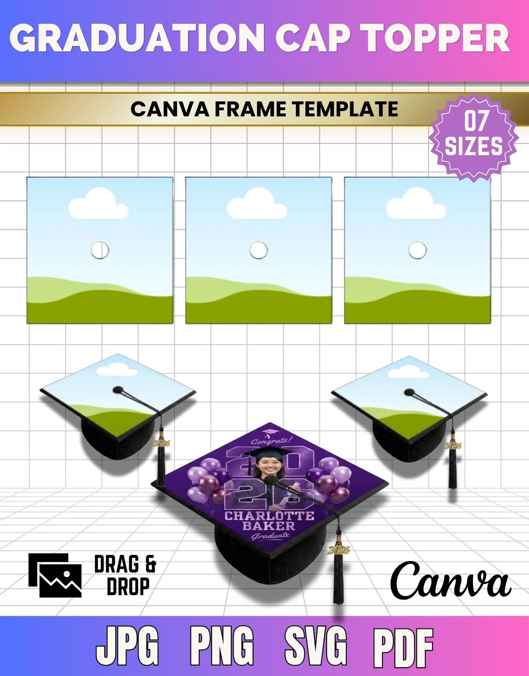 Graduation Cap Topper Canva Template Bundle, Editable Grad Cap Template ...