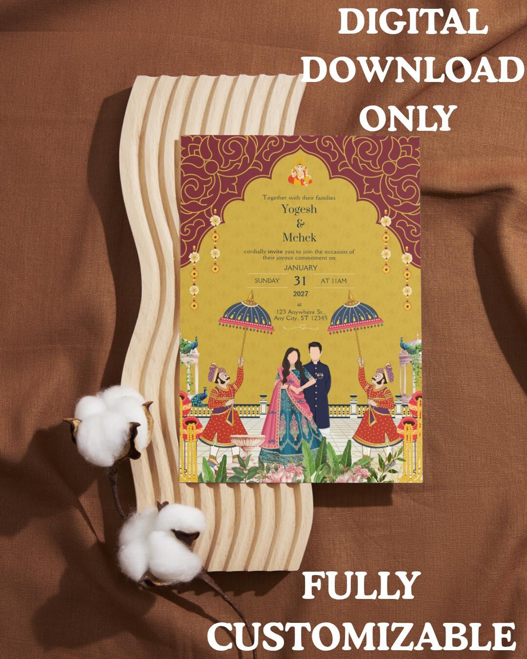 Indian Wedding Invitation, Hindu Ganesh Card, Floral Royal Mandap ...