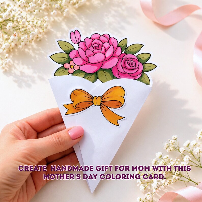 Mother's Day Flower Bouquet Card Craft | 3 Coloring Page (instant ...