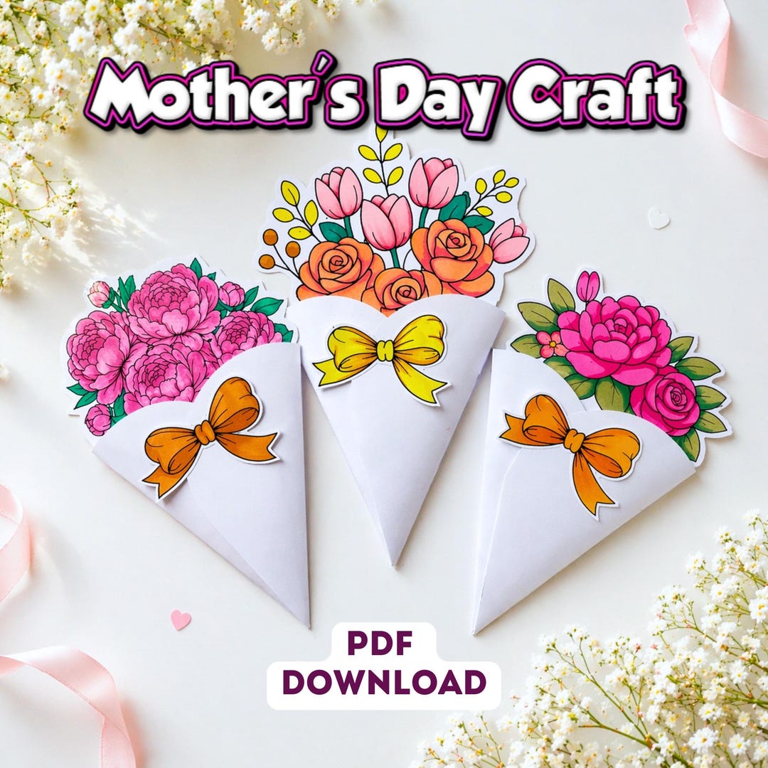 Mother's Day Flower Bouquet Card Craft | 3 Coloring Page (instant ...