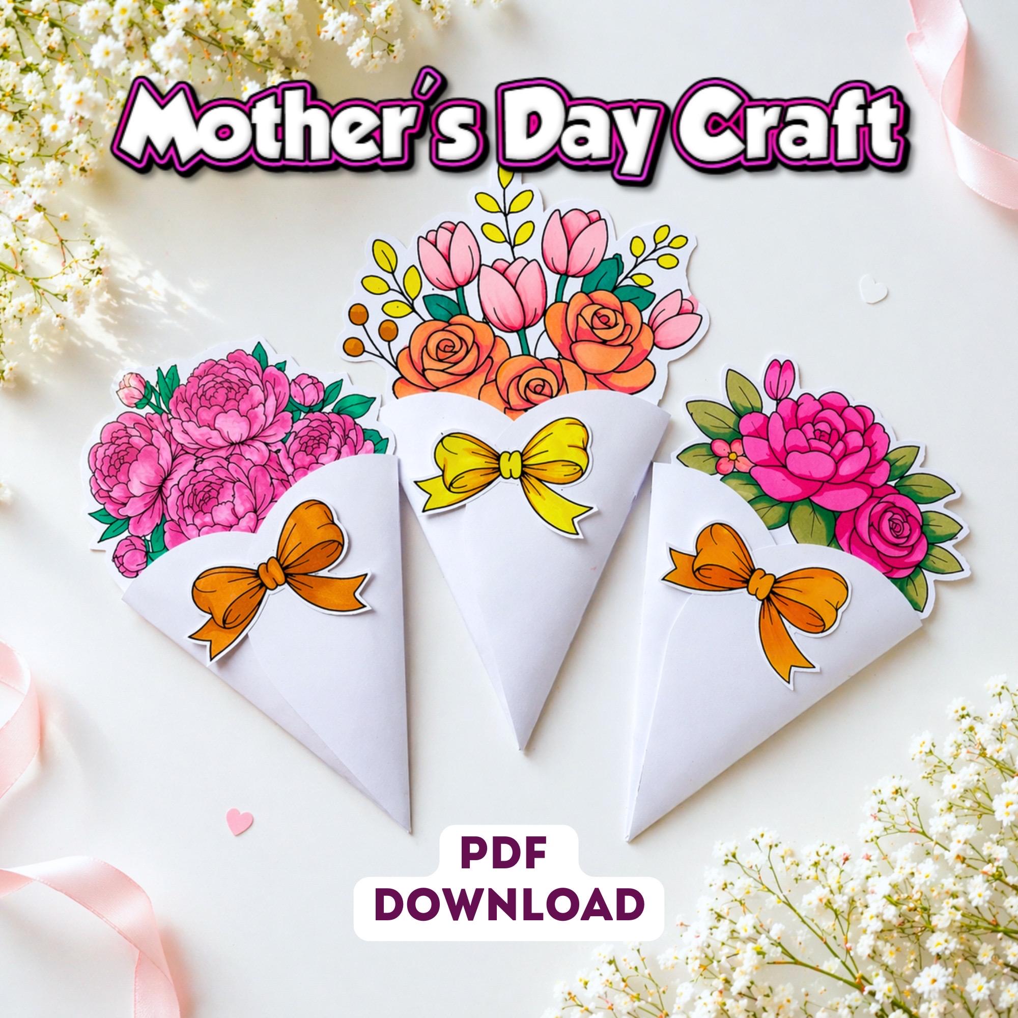 Mother's Day Flower Bouquet Card Craft | 3 Coloring Page (instant ...