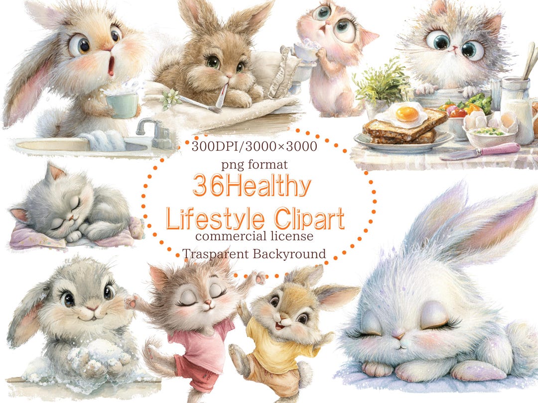 A Set of Clipart Depicting a Healthy Lifestyle: a Rabbit and a Cat's ...