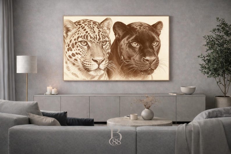 Leopard & Black Panther Frame TV Art, Vintage Wildlife Drawing, Neutral ...