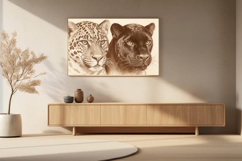 Leopard & Black Panther Frame TV Art, Vintage Wildlife Drawing, Neutral ...