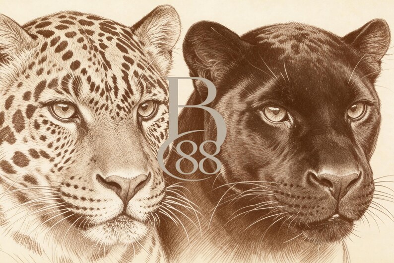 Leopard & Black Panther Frame TV Art, Vintage Wildlife Drawing, Neutral ...