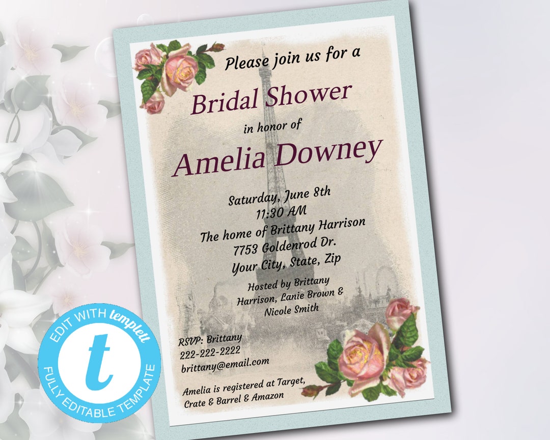 French Parisian Editable Invitation, Bridal Shower, Birthday Invite ...