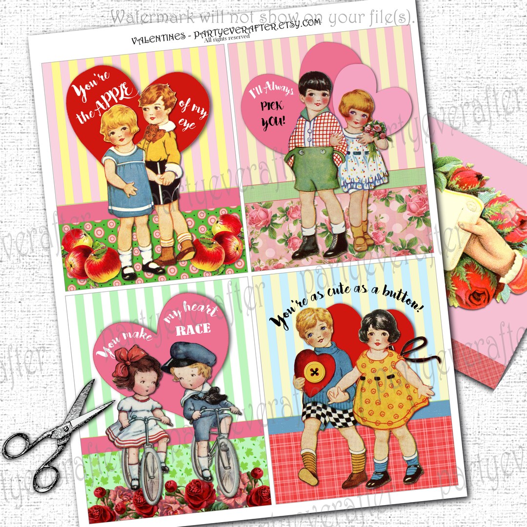 Retro Vintage Valentine Cards With Envelope Printable DIY Instant ...