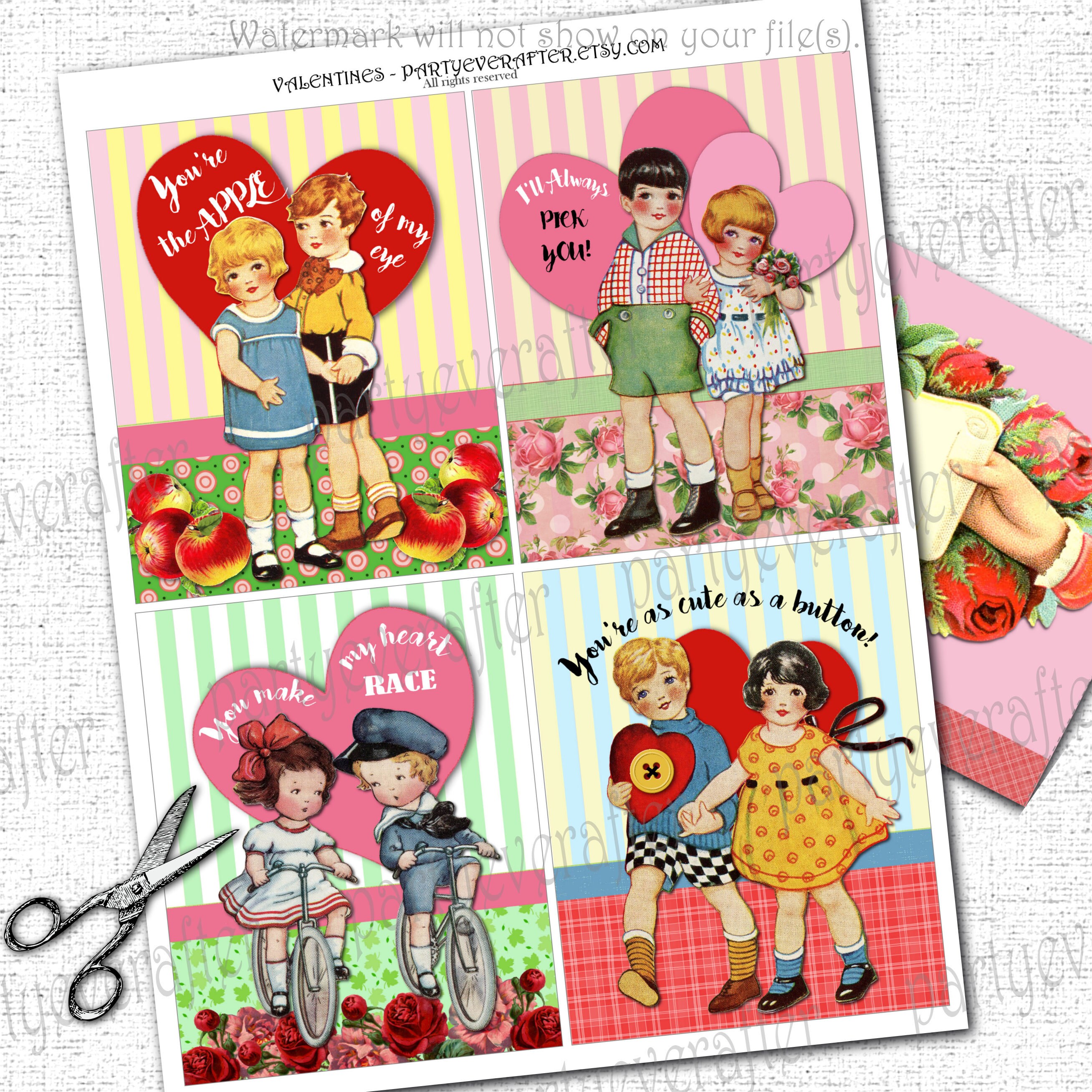 Retro Vintage Valentine Cards With Envelope Printable DIY Instant ...